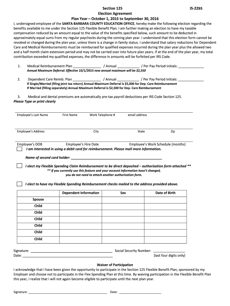 Fillable Online sbceo Section 125 IS-2295 Election Agreement Plan Year ...