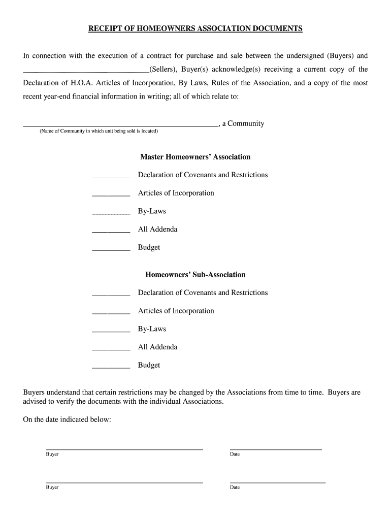 Fillable Online Receipt of Homeowners Association Documents-PDF Fax ...