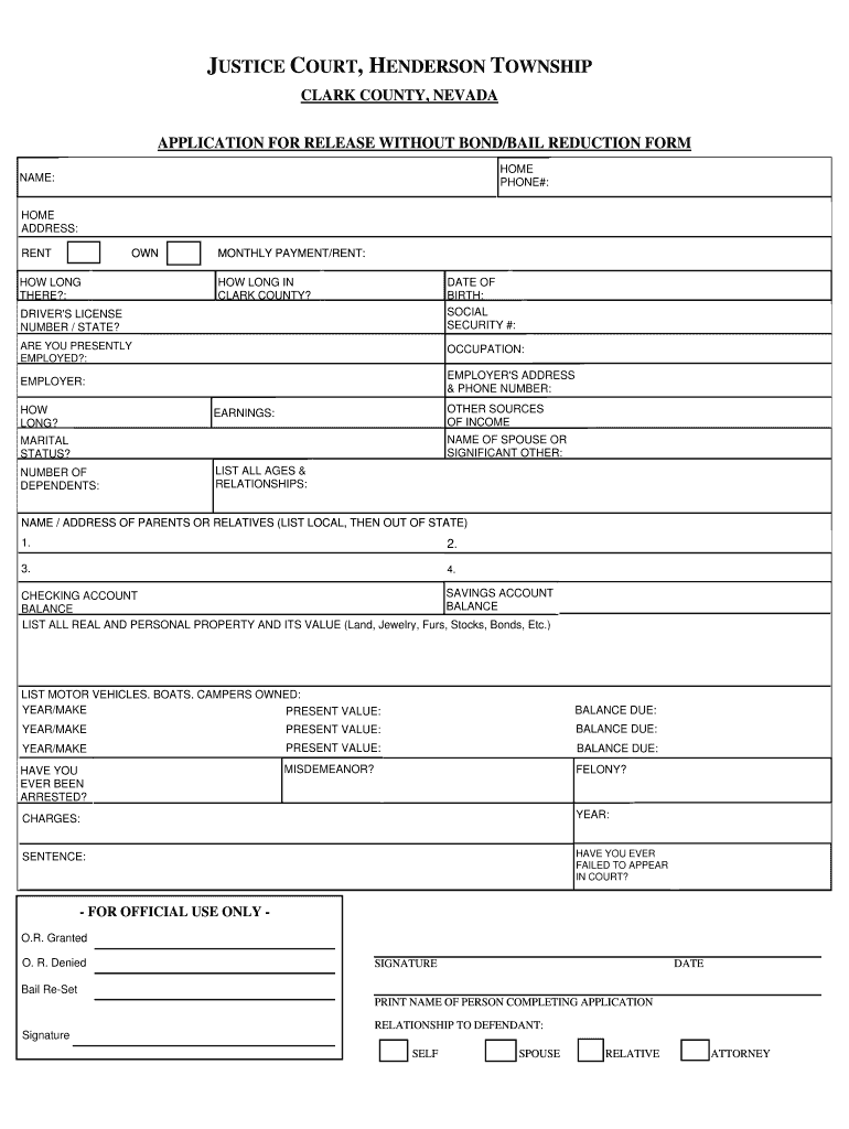 Fillable Online clarkcountynv APPLICATION FOR RELEASE WITHOUT BONDBAIL ...