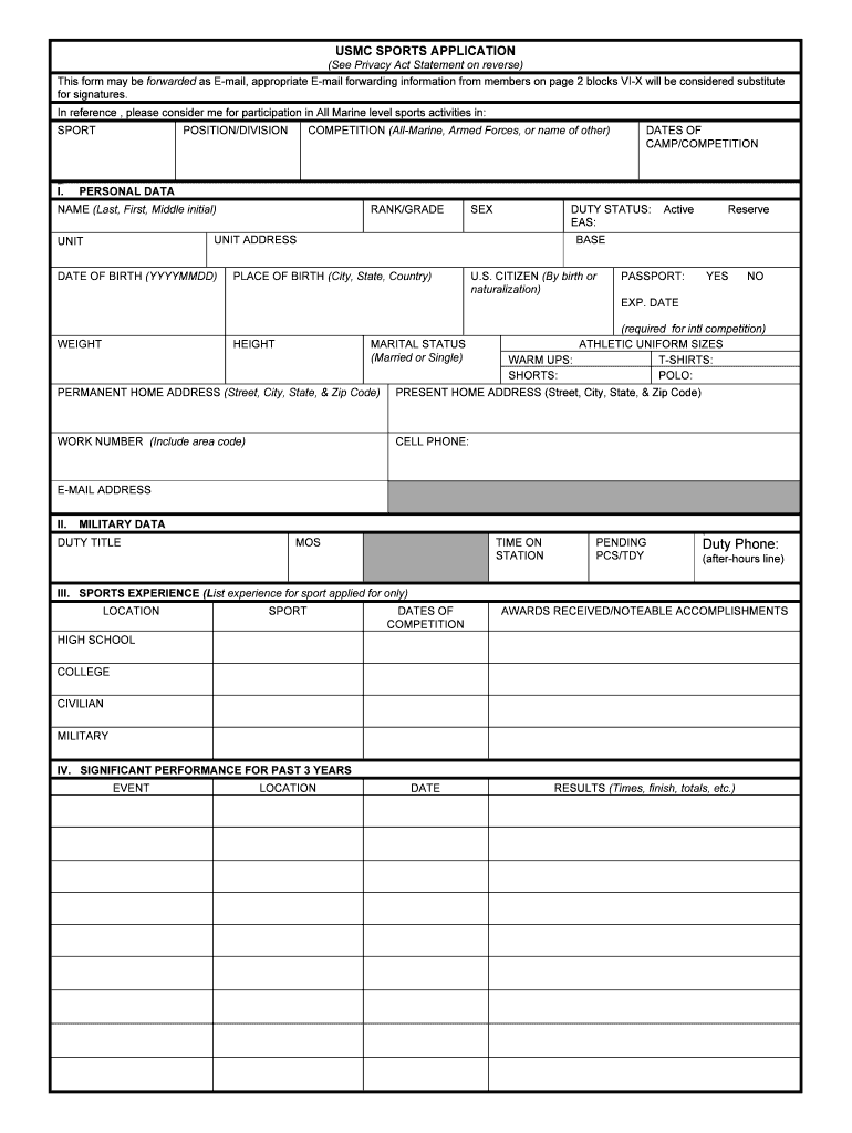 Fillable Online USMC SPORTS APPLICATION - MCCS Camp Pendleton Fax Email ...