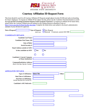 Fillable Online clas asu Courtesy Affiliation ID Request Form Fax Email ...