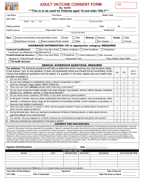Fillable Online nmhealth ADULT VACCINE CONSENT FORM AGE This is to be ...