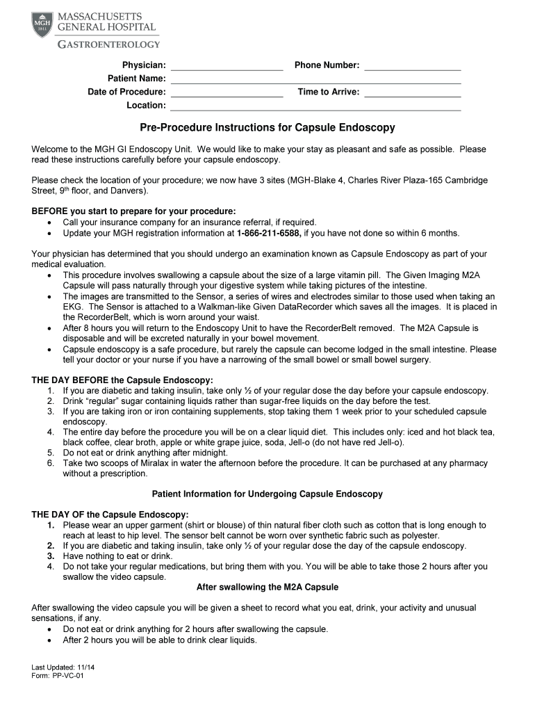 Fillable Online massgeneral Pre-Procedure Instructions for Capsule ...
