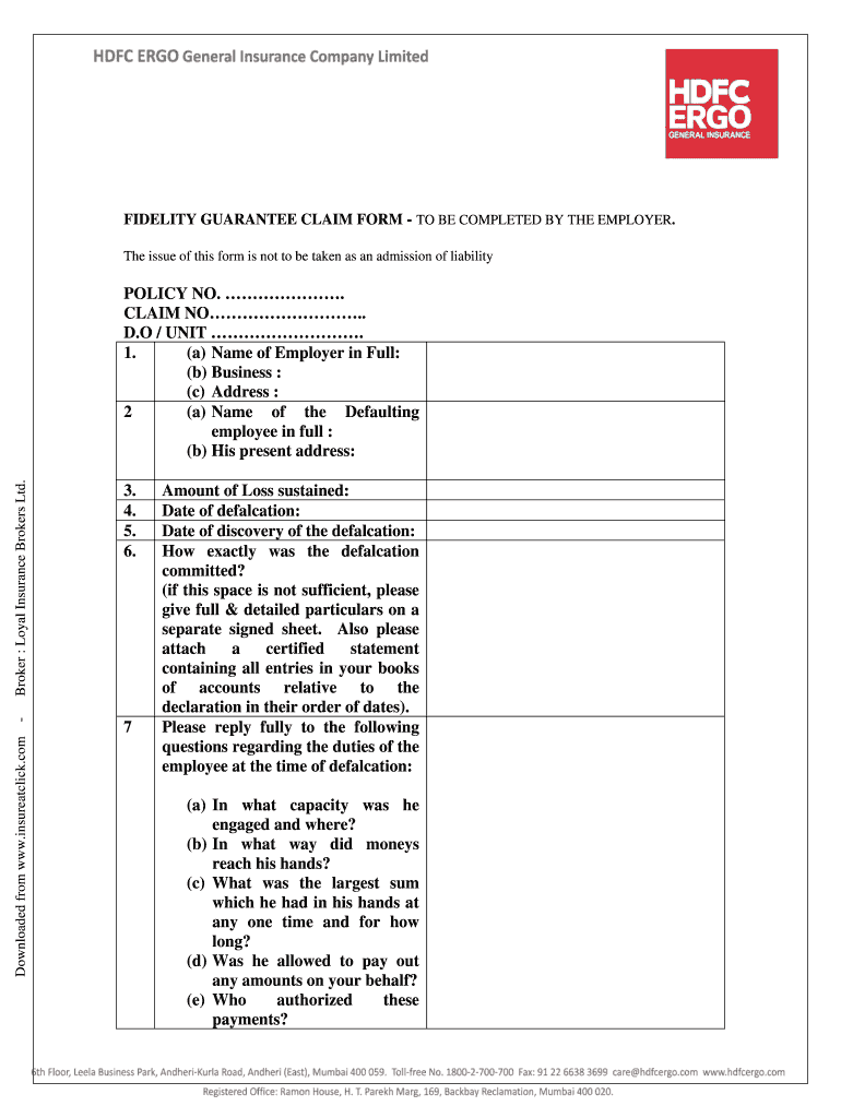 Fillable Online FIDELITY GUARANTEE CLAIM FORM - insureatclickcom Fax Email Print - pdfFiller