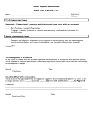 Fillable Online Banner Baywood Medical Center PRIVILEGES IN PSYCHOLOGY ...