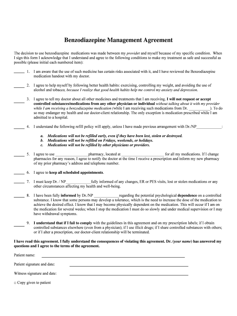 Fillable Online smchealth Benzodiazepine Management Agreement ...
