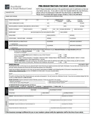 Fillable Online peacehealth PRE-REGISTRATION PATIENT QUESTIONNAIRE ...