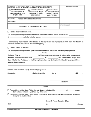 Fillable Online sbcourts CITATION NUMBER REQUEST TO RESET COURT TRIAL ...