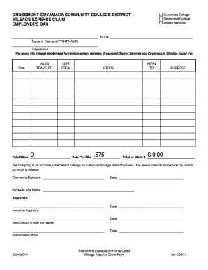 Fillable Online gcccd MILEAGE EXPENSE CLAIM Fax Email Print - pdfFiller