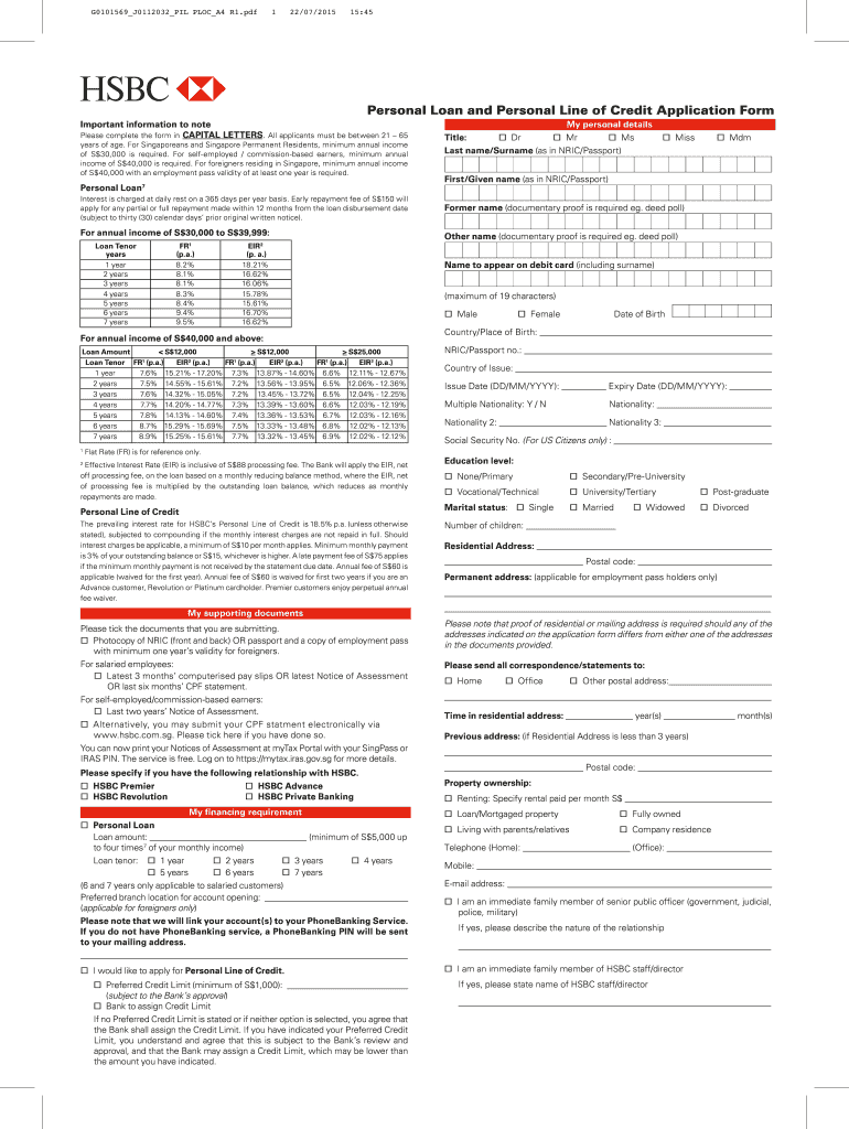 Fillable Online Personal Loan and Personal Line of Credit Application ...