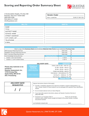Fillable Online Scoring and Reporting Order Summary Sheet - Questar ...