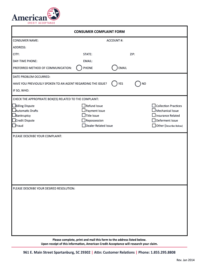 Fillable Online CONSUMER COMPLAINT FORM 961 E Main Street Spartanburg ...