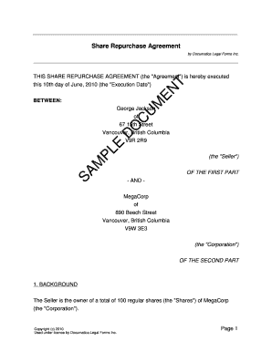 Fillable Online Share Repurchase Agreement Fax Email Print - pdfFiller