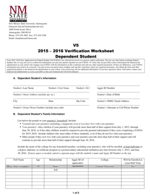 Fillable Online nmsua edu V5 2015 2016 Verification Worksheet Dependent Student Your 20152016 ...
