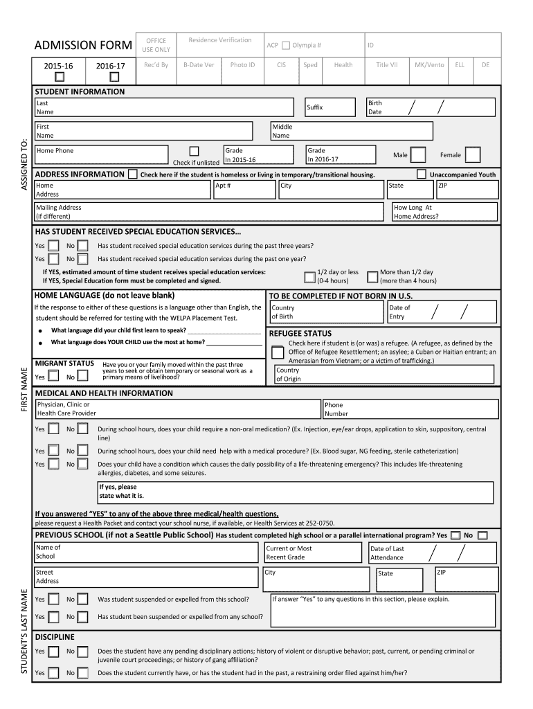Fillable Online seattleschools WELCOME TO SEATTLE PUBLIC SCHOOLS Fax ...