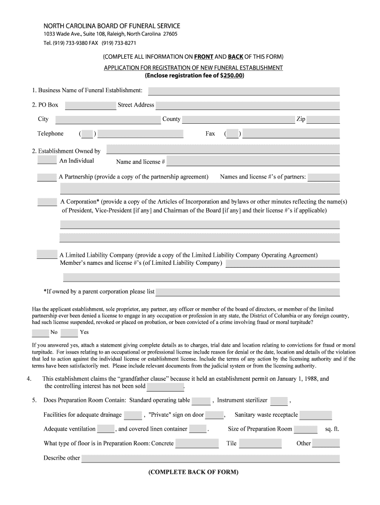 Fillable Online ncbfs NORTH CAROLINA BOARD OF FUNERAL SERVICE 1033 Wade ...