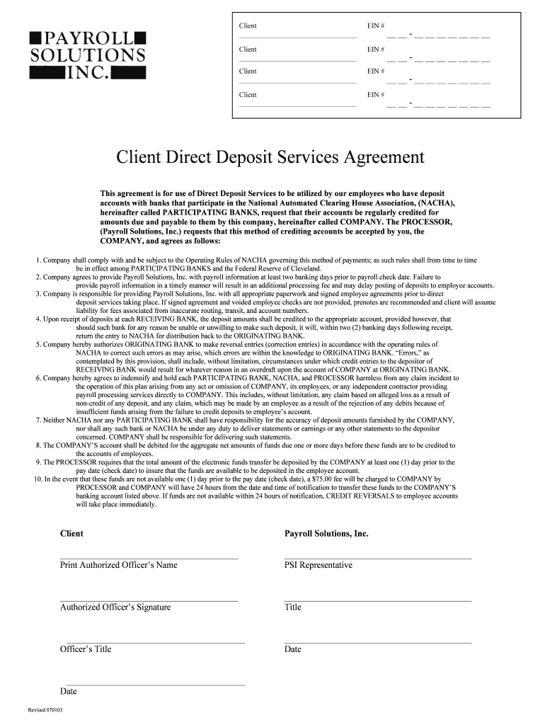 Fillable Online Client Direct Deposit Agreement - Payroll Solutions Inc ...