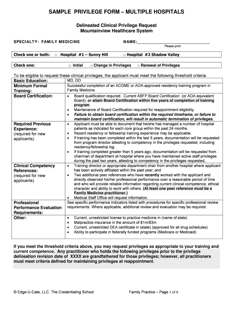 Fillable Online SAMPLE PRIVILEGE FORM MULTIPLE HOSPITALS Fax Email ...