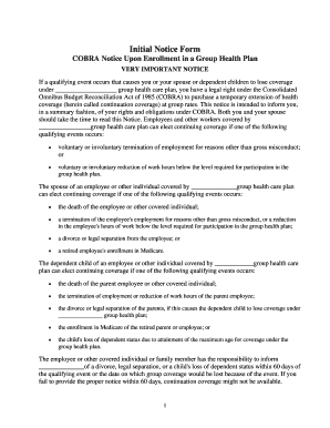 Fillable Online Initial Notice Form COBRA Notice Upon Enrollment in a ...