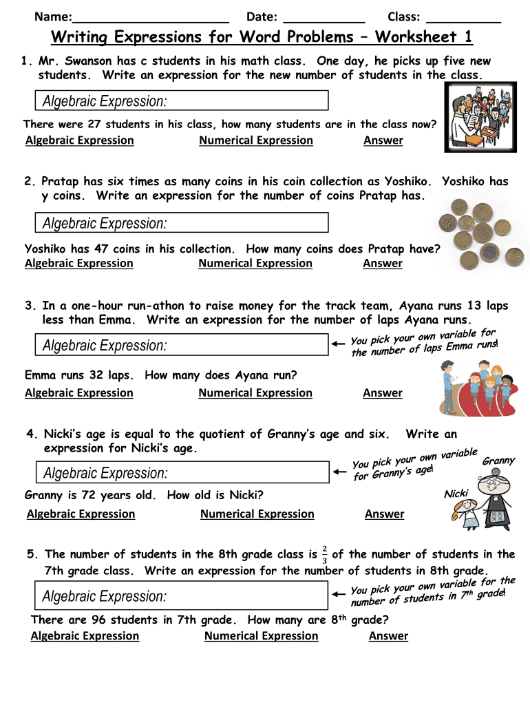 Writing Algebraic Expressions Worksheet