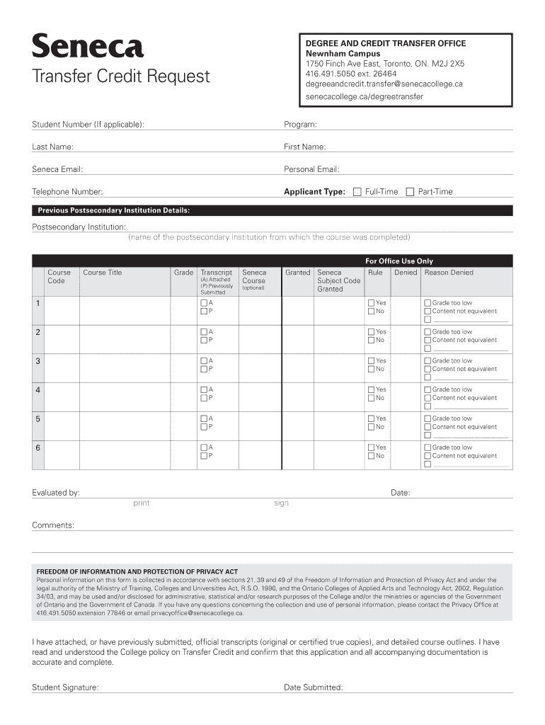 Fillable Online www2 senecac on Transfer Credit Request - senecaconca ...