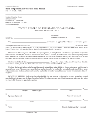Fillable Online Bond of Special Lines Surplus Line Broker Fax Email ...