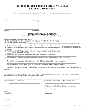 Fillable Online pinellasclerk STATEMENT OF CLAIM IN REPLEVIN Fax Email ...