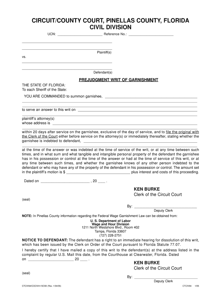Fillable Online pinellasclerk PREJUDGMENT WRIT OF GARNISHMENT Fax Email ...