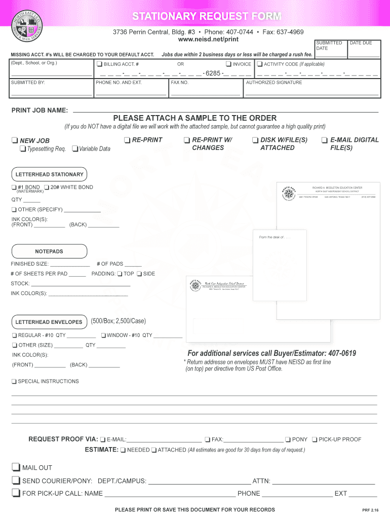 Fillable Online neisd STATIONARY REQUEST FORM - North East Independent ...