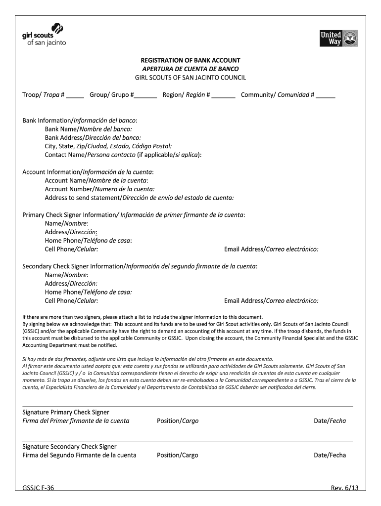 Fillable Online gssjc REGISTRATION OF BANK ACCOUNT APERTURA DE CUENTA ...