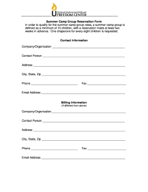 Fillable Online freedomcenter Summer Camp Group Reservation Form Fax ...