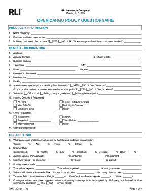 Fillable Online OPEN CARGO POLICY QUESTIONNAIRE - RLI Corp Fax Email ...