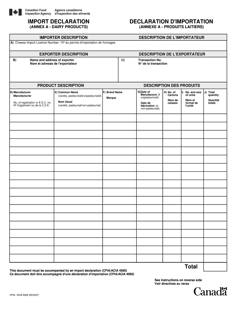 Fillable Online Print File Import Declaration Annex A - Dairy Products ...