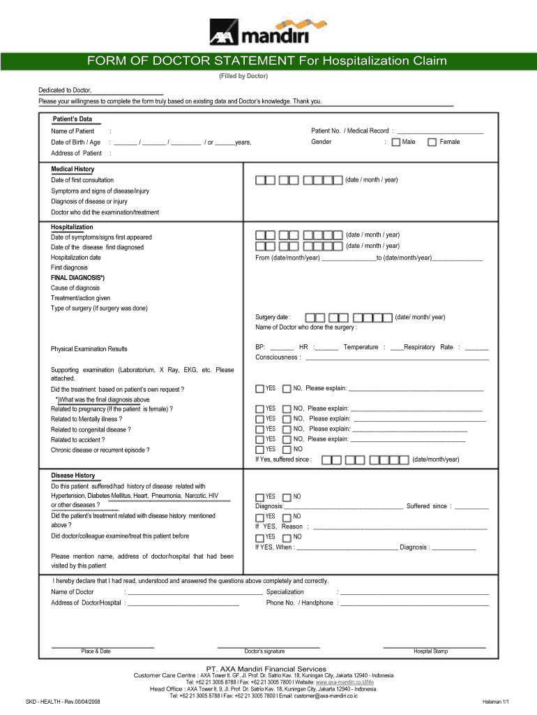 Fillable Online FORM OF DOCTOR STATEMENT For Hospitalization Claim Fax ...