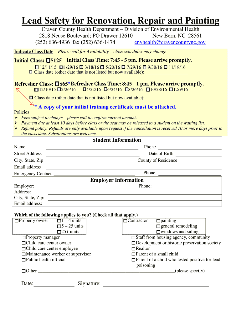 Fillable Online cravencountync Lead Safe Work Practices Class - Craven ...