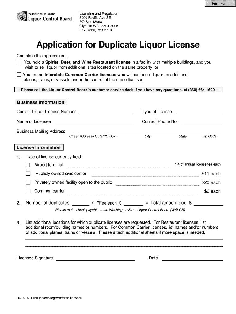 Fillable Online liq wa Application for Duplicate Liquor License Fax ...