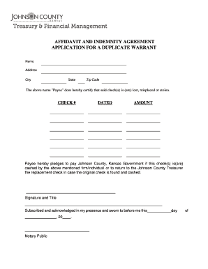Fillable Online jocogov AFFIDAVIT AND INDEMNITY AGREEMENT APPLICATION FOR A DUPLICATE WARRANT ...