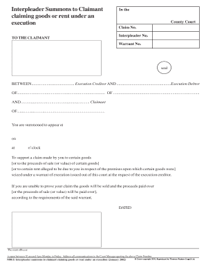 Fillable Online Interpleader Summons to Claimant claiming goods or rent ...