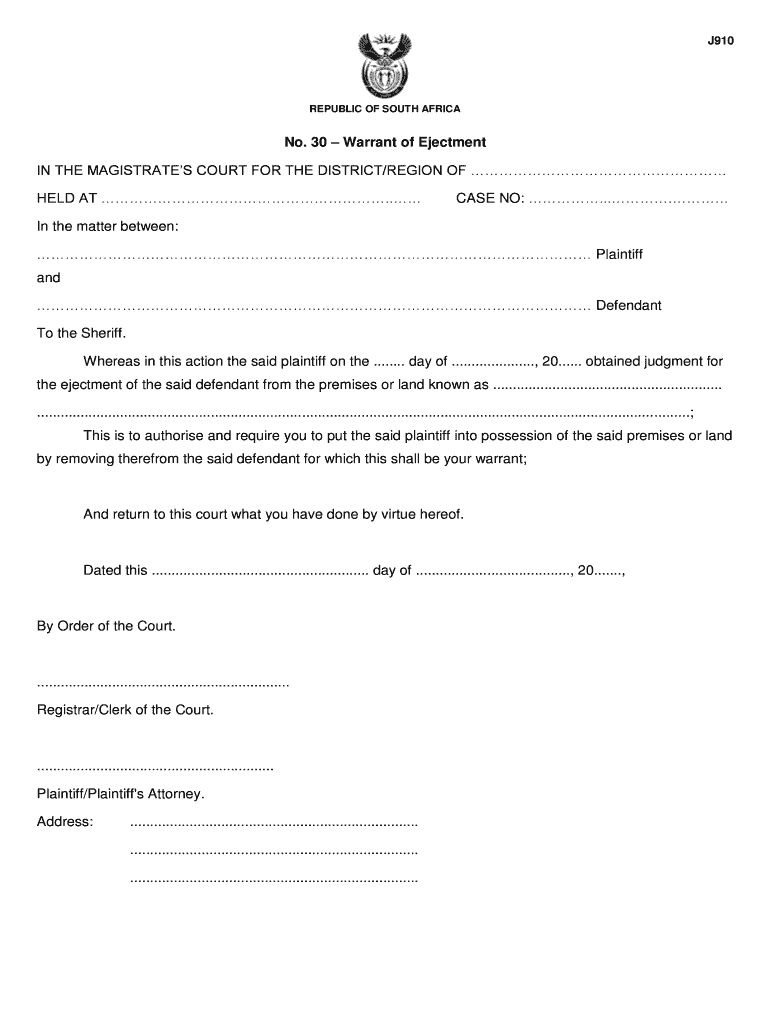 Fillable Online justice gov 30 Warrant of Ejectment Fax Email Print - pdfFiller