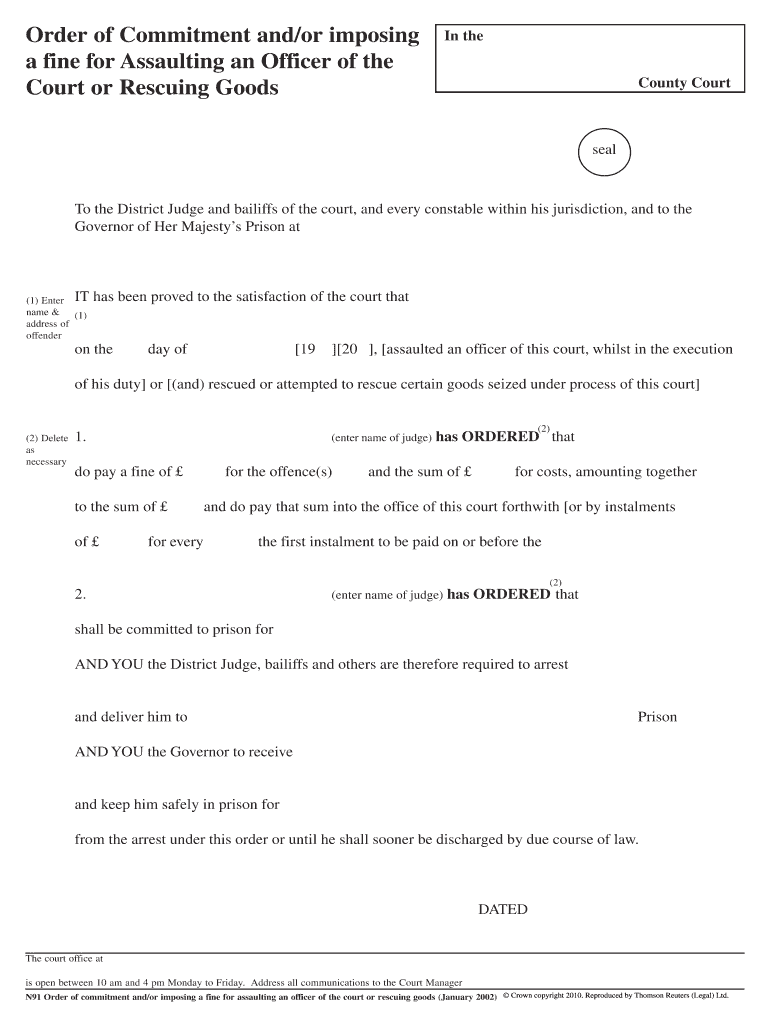 Fillable Online Order of Commitment andor imposing a fine for ...