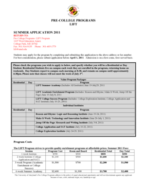 Fillable Online precollege umd 2011 LIFT Summer Application-1 ...