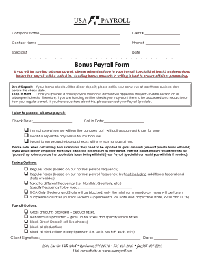 Fillable Online If you will be running a bonus payroll, please return ...