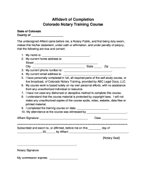 Fillable Online Affidavit of Completion Colorado Notary Training Course ...