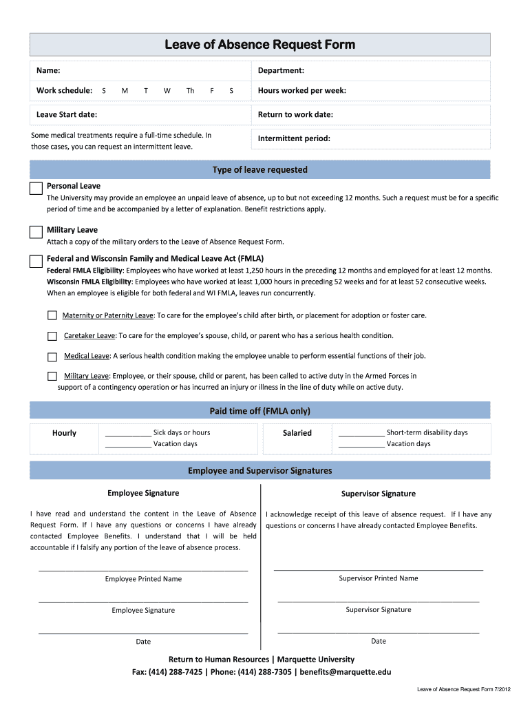 Fillable Online marquette Leave Start date - marquette Fax Email Print ...