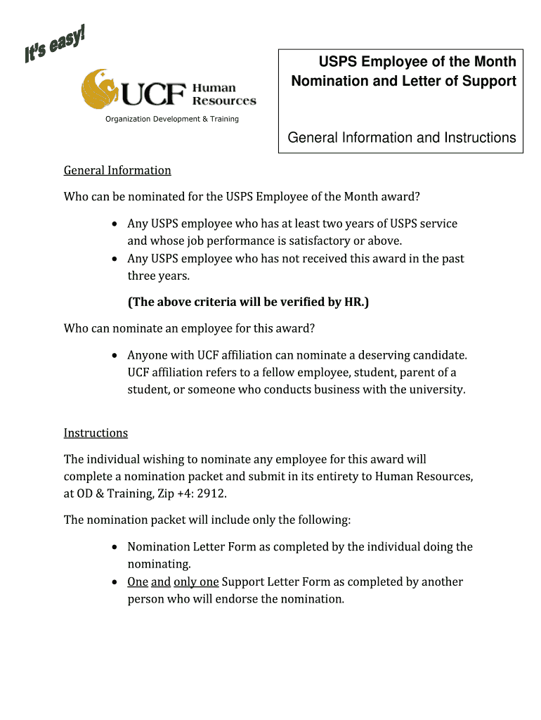 Fillable Online hr ucf USPS Employee of the Month Nomination and Letter ...
