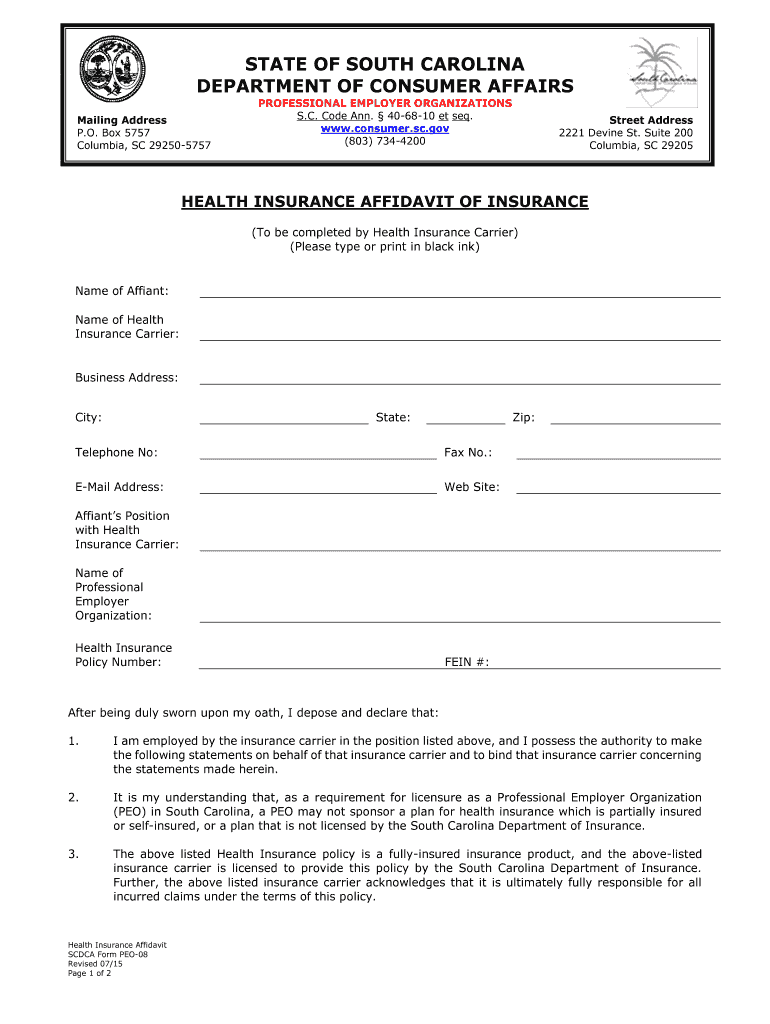 Fillable Online consumer sc HEALTH INSURANCE AFFIDAVIT OF INSURANCE Fax ...