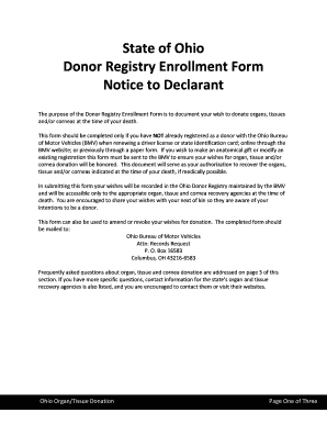 Fillable Online proseniors State of Ohio Donor Registry Enrollment Form ...