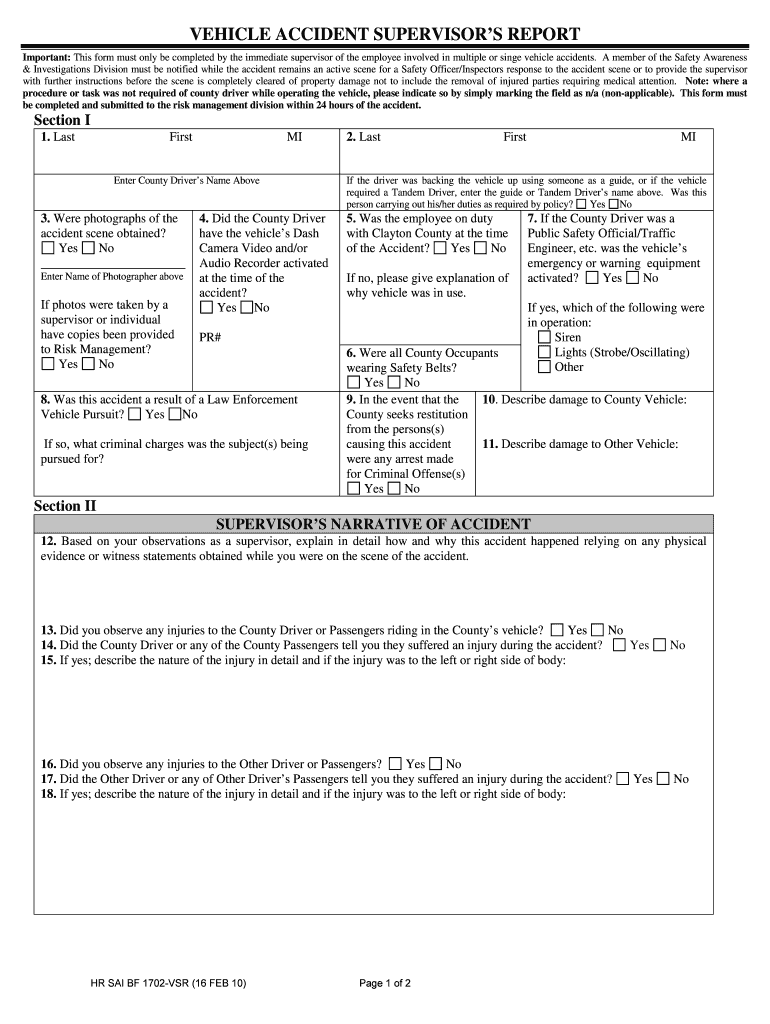 Fillable Online claytoncountyga VEHICLE ACCIDENT SUPERVISORS REPORT Fax Email Print - pdfFiller