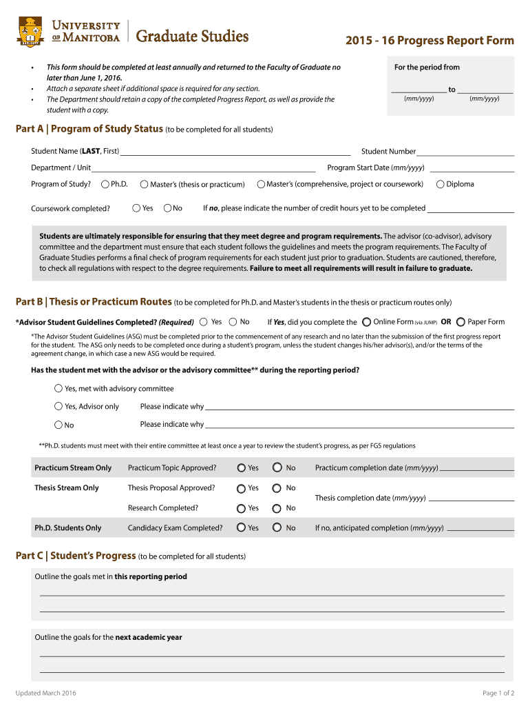 Fillable Online umanitoba 2015 - 16 Progress Report Form Fax Email Print - pdfFiller