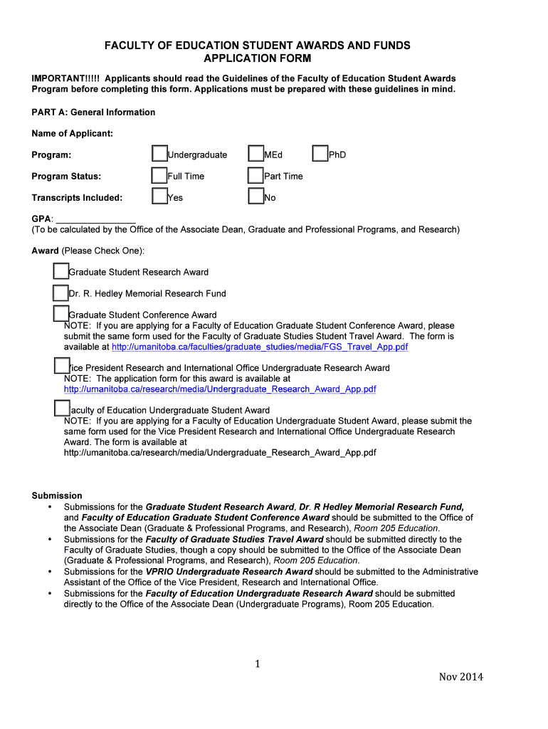 Fillable Online umanitoba FOE Student Awards Application - umanitobaca ...
